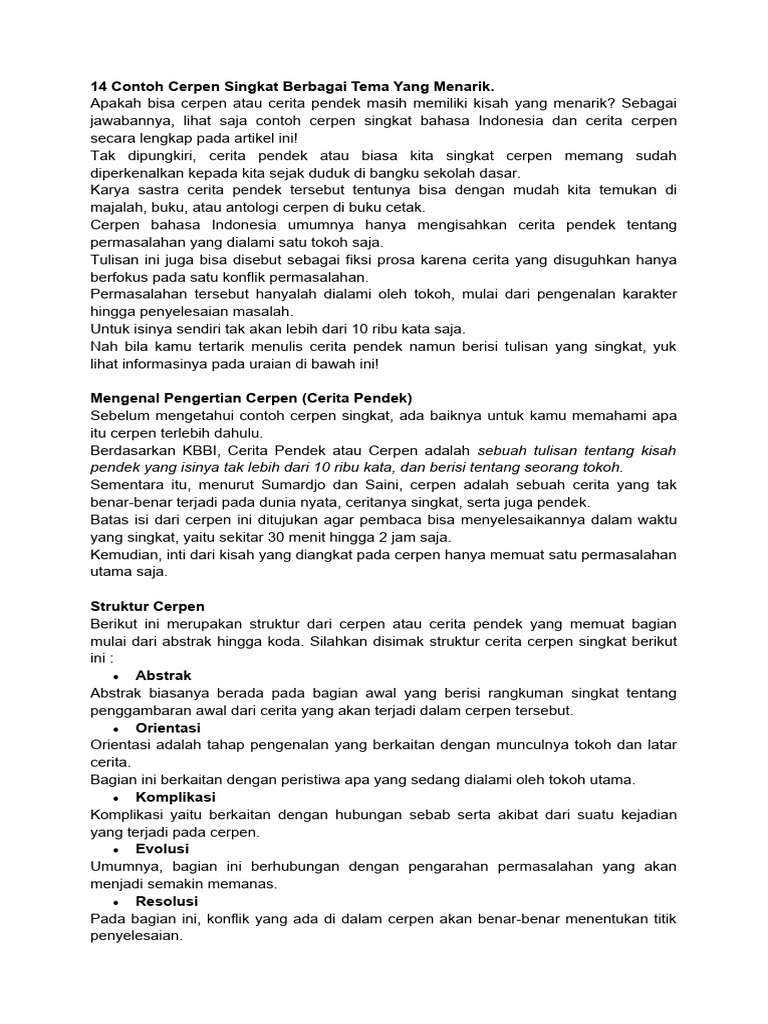 14 Contoh Cerpen Singkat Berbagai Tema Yang Menarik | PDF | Fiksi Umum