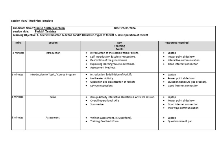 Session Plan-Manish | PDF | Forklift | Learning