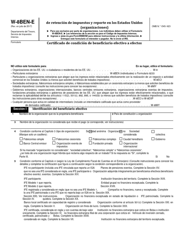 Formulario W-8BEN-E para Beneficiarios Extranjeros | PDF | Bancos | Pensión