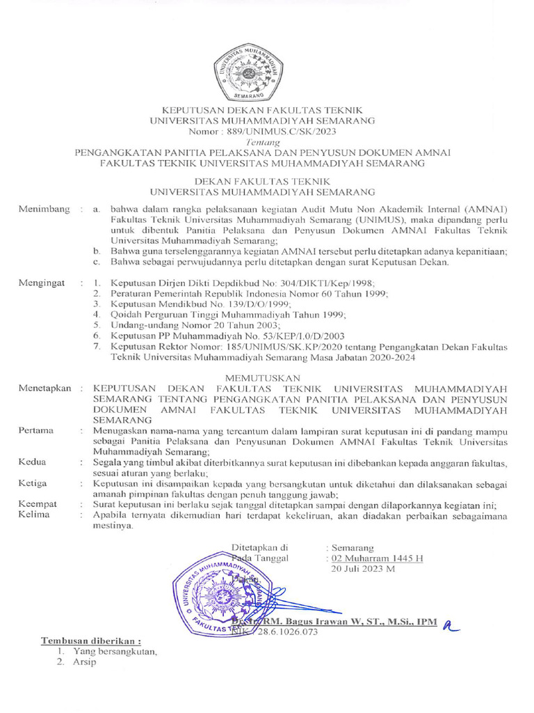 SK - Panitia Pelaksana & Penyusun Dokumen AMNAI FT Unimus Th. 2023, y | PDF