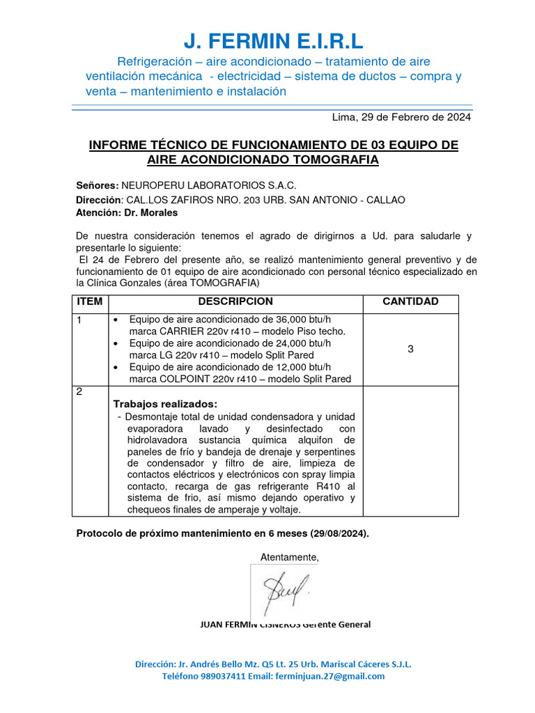 J. Fermin E.I.R.L: Informe Técnico de Funcionamiento de 03 Equipo de ...