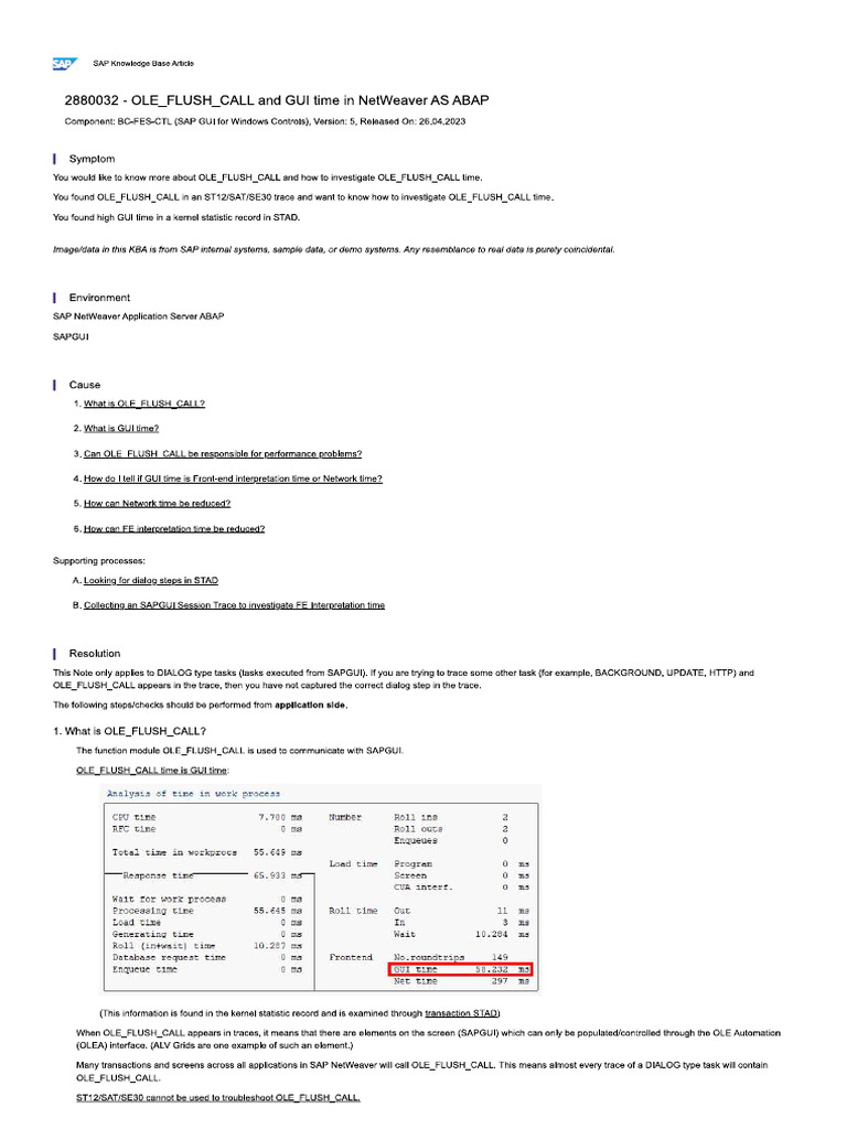 OLE - FLUSH - CALL and GUI Time in NetWeaver AS ABAP | PDF