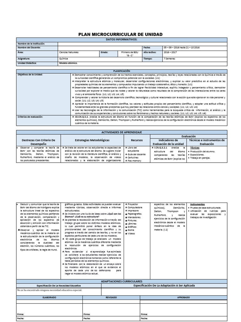 Plan Microcurricular De Química Bgu Pdf Química Enlace Covalente