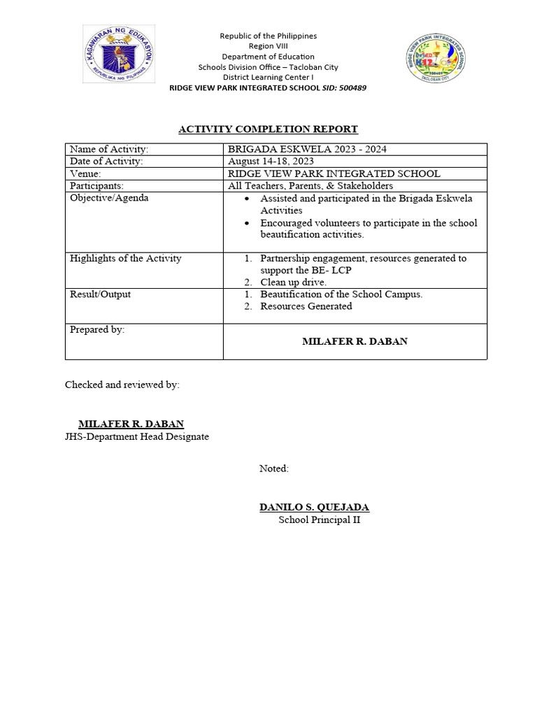 Activity Completion Report Portfolio Day | PDF