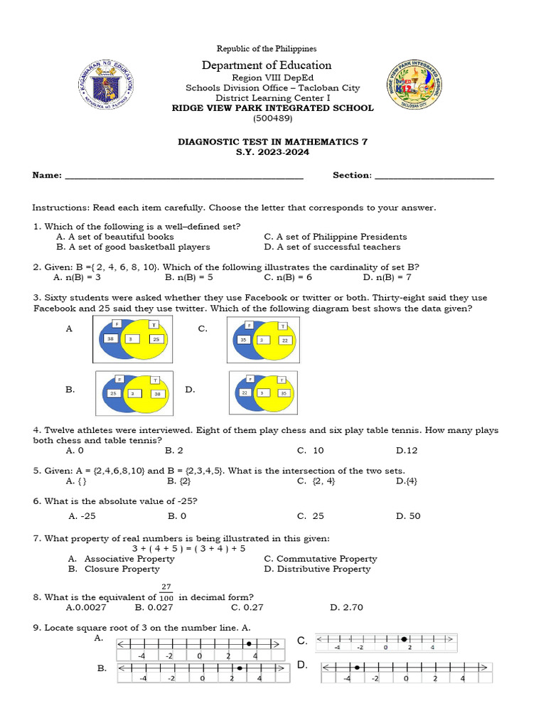 Mathematics 7 Diagnostic Test 2023-2024 | PDF | Triangle | Circle