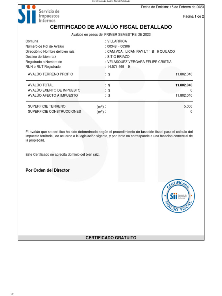 Certificado Avaluo Fiscal Villarrica Detallado | PDF