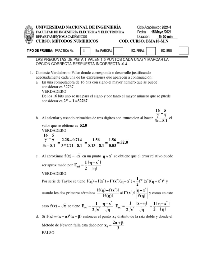 MN pc1 01 Sem - 21 1 - Solucionario | PDF | Matemáticas | Matemáticas Aplicadas