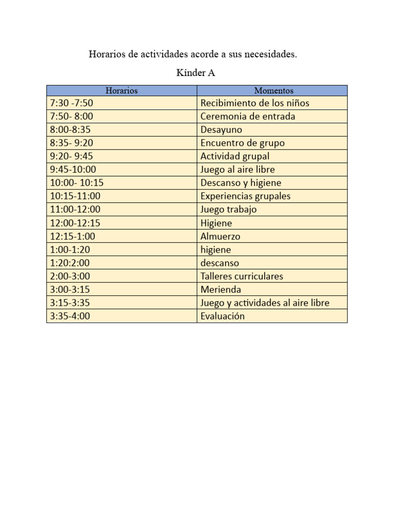 Horario de Actividades para Kínder A | PDF