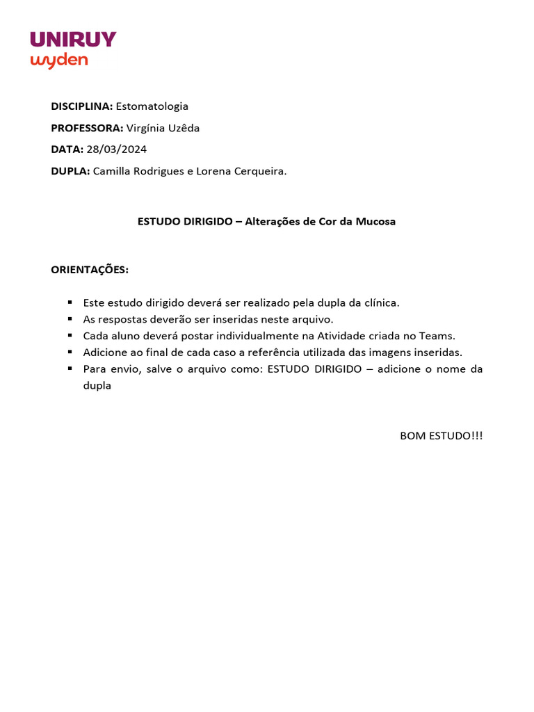 ESTUDO DIRIGIDO - Camilla e Lorena | PDF | Boca | Odontologia