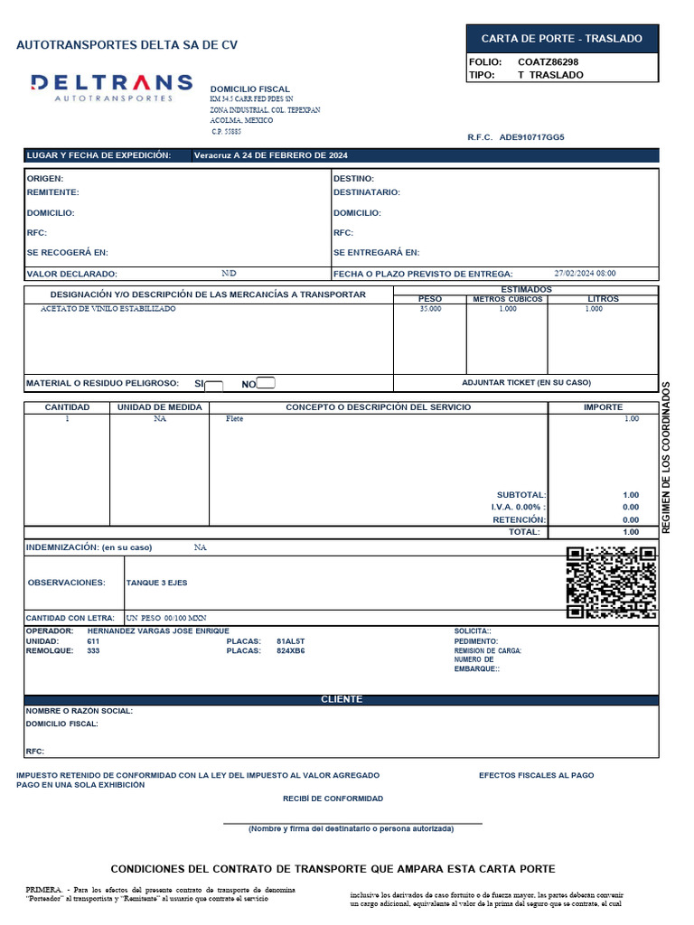 Carta Porte Formato en Blanco | Descargar gratis PDF | Business | Economias