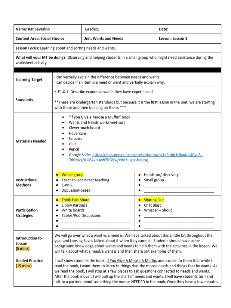 Wants and Needs Lesson Plan | PDF | Teaching | Cognitive Science
