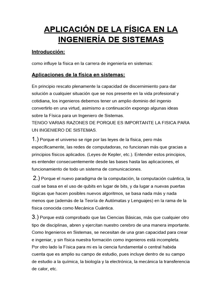 Aplicacion de La Fisica en La Carrera de Ingenieria en Sistemas | PDF ...