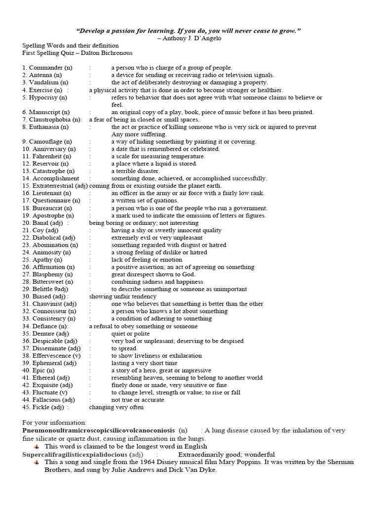 Spelling Words and Their Definition | PDF | Young Adult