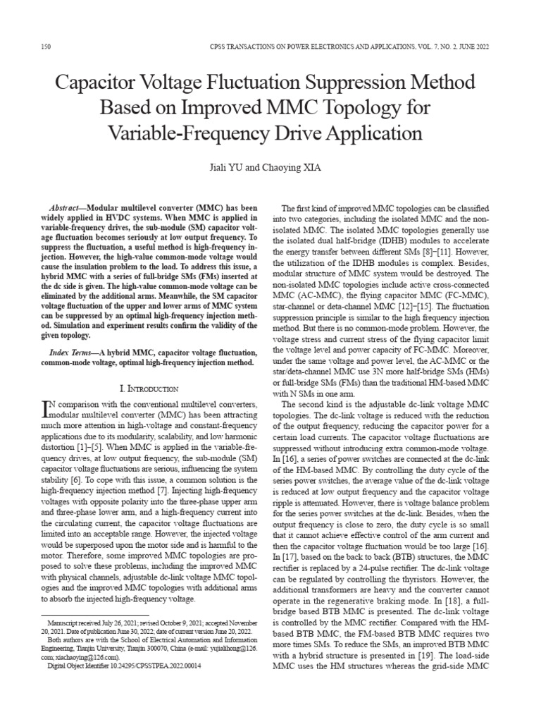 Capacitor Voltage Fluctuation Suppression Method Based On Improved MMC Topology For Variable ...
