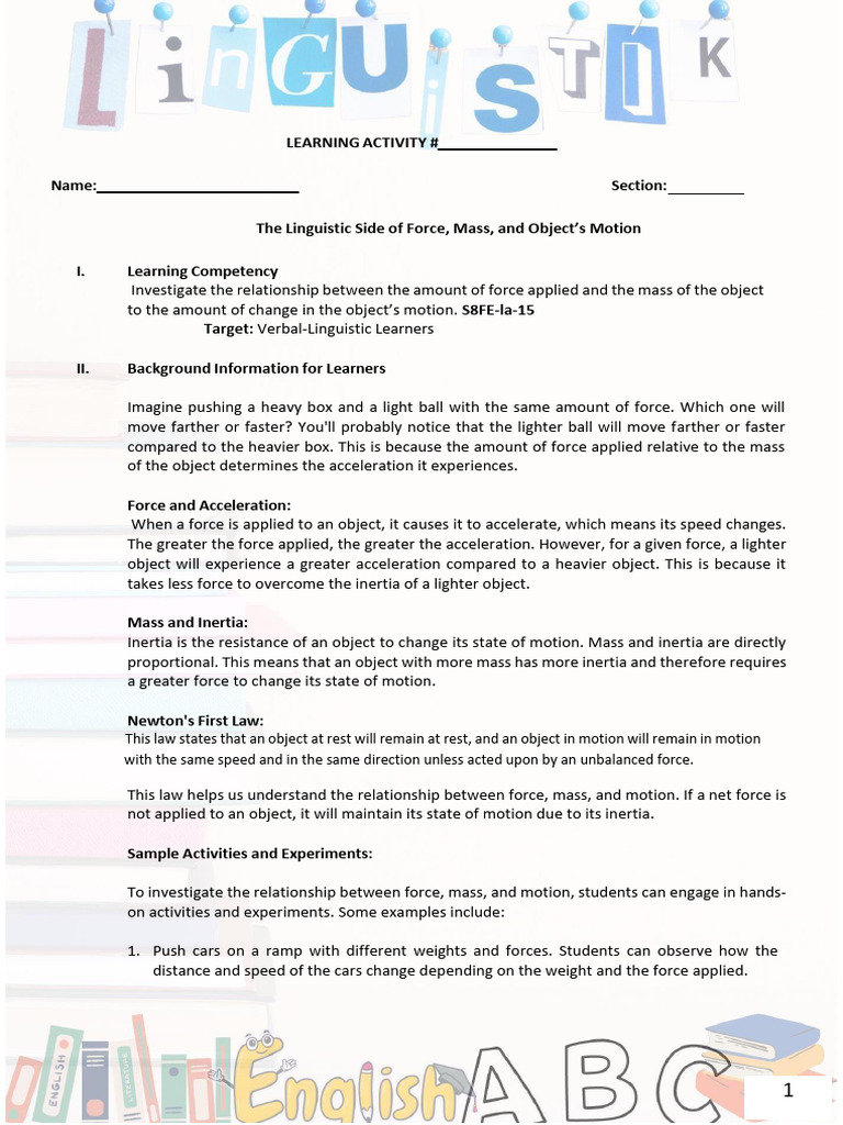 Finale Learning Activity | PDF | Force | Mass