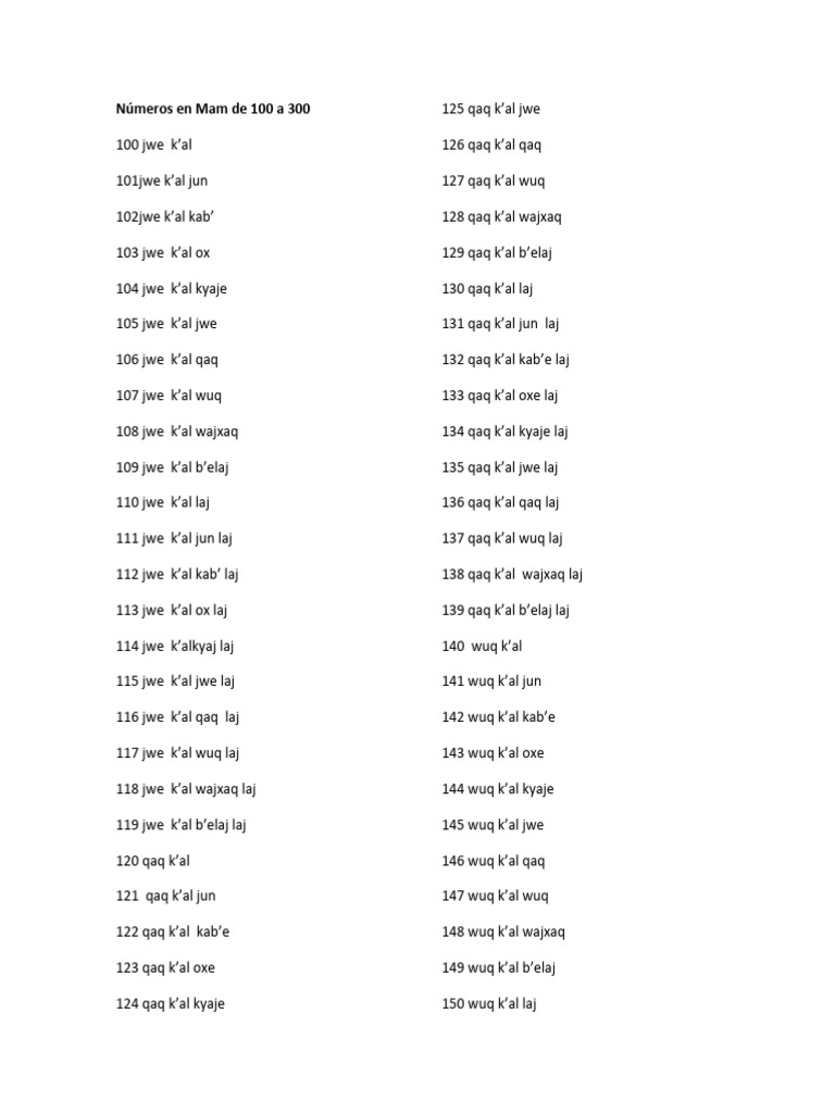 Números en Mam de 100 a 300 | PDF