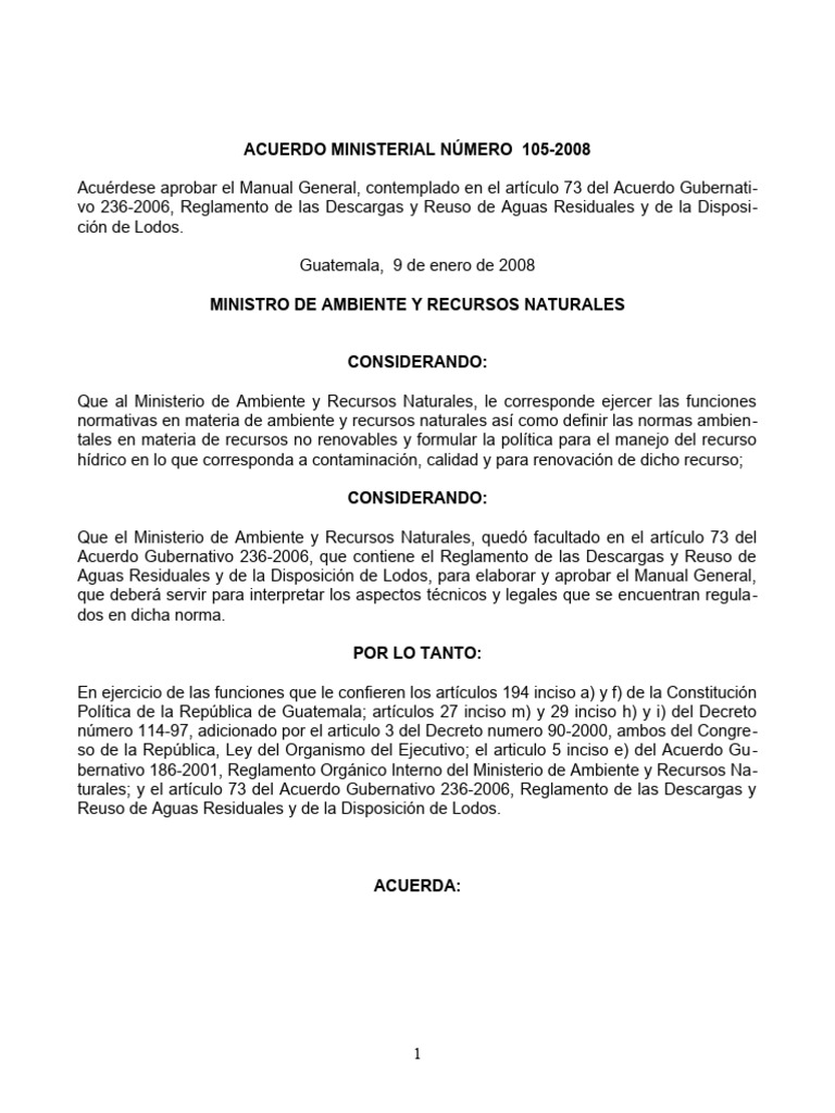 Acdo Ministerial 105-2008 Aprobación Manual General | PDF | Tratamiento de aguas residuales ...
