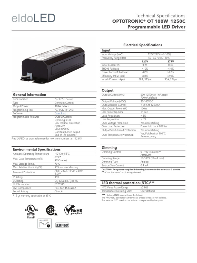 Optotronic - Ot100 Unv 1250c 2dim p6 - Spec Sheet | PDF | Mains ...