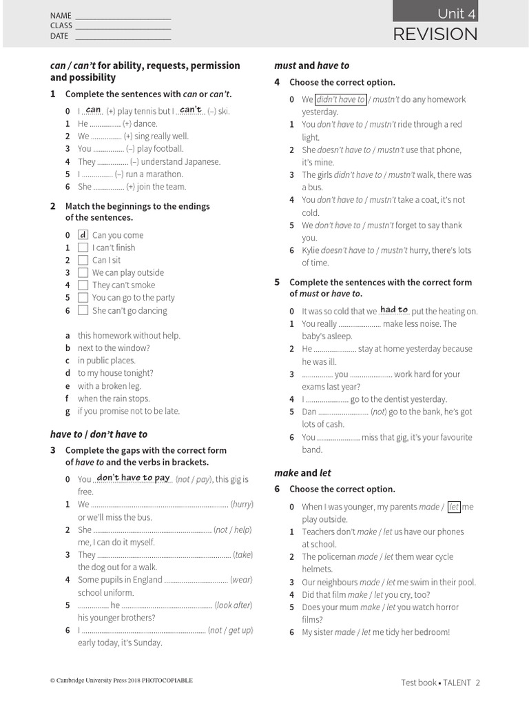 Talent Level 2 Revision Activities Unit 4 | PDF