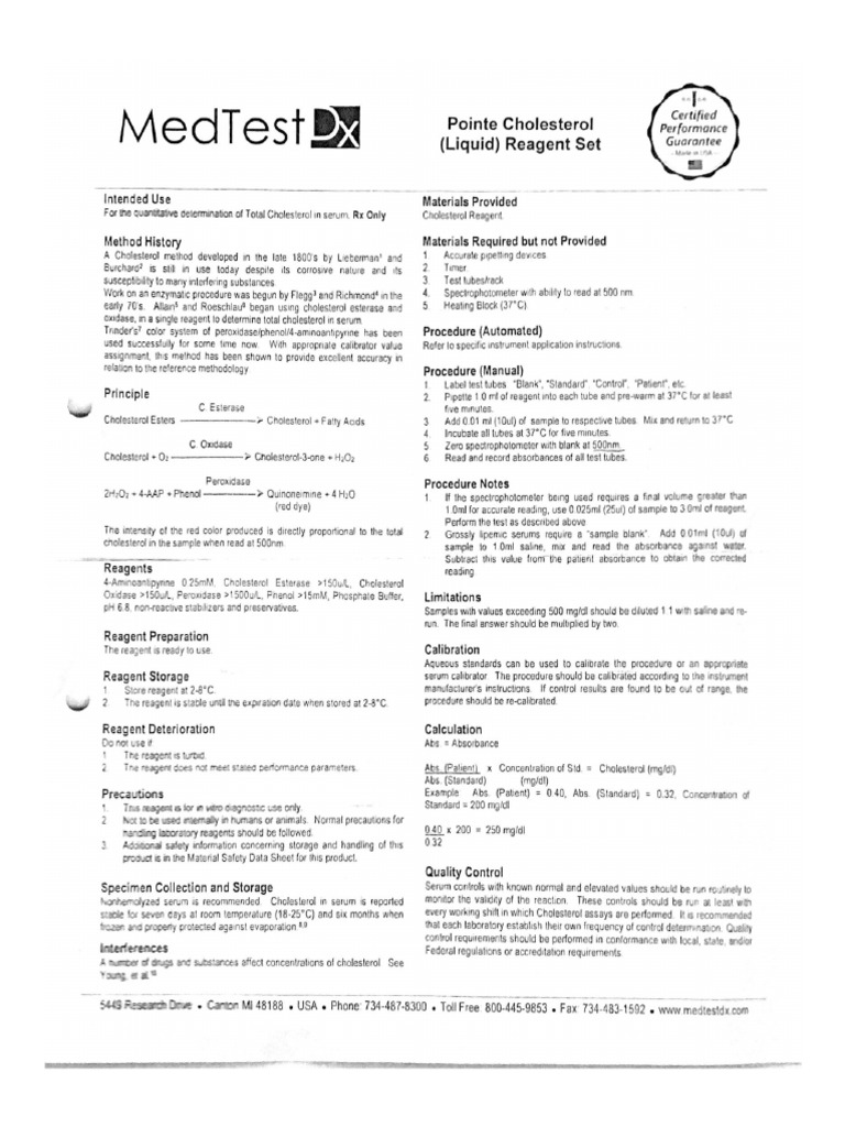 Pointe Cholesterol (Liquid) Reagent Set | PDF