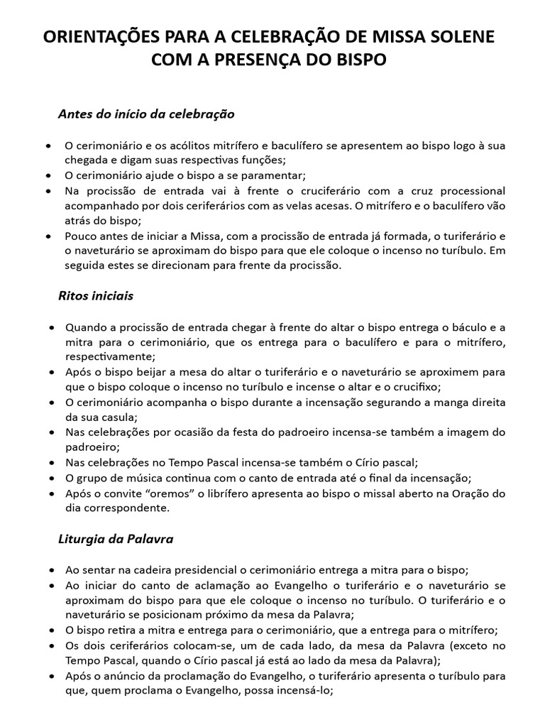 Orientações para A Celebração de Missa Solene Com A Presença Do Bispo ...