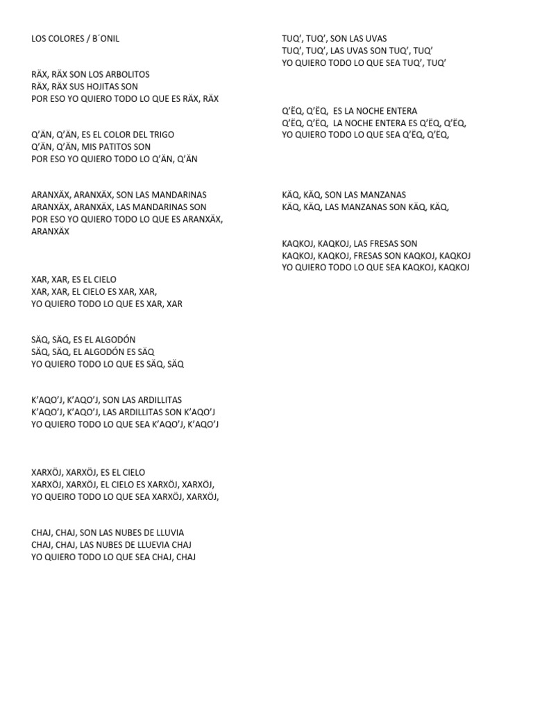 Cancion Los Colores en Kackikel | PDF