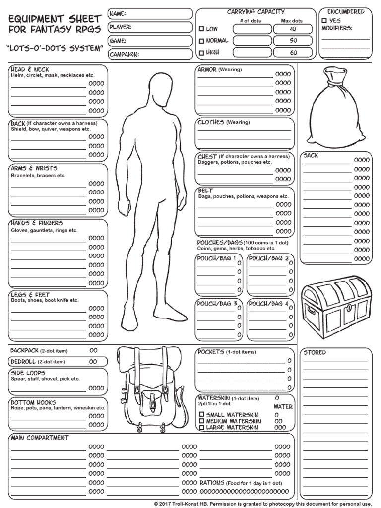 Equipment Sheet For Fantasy RPGs - Lots-o-Dots System v1.0 | PDF