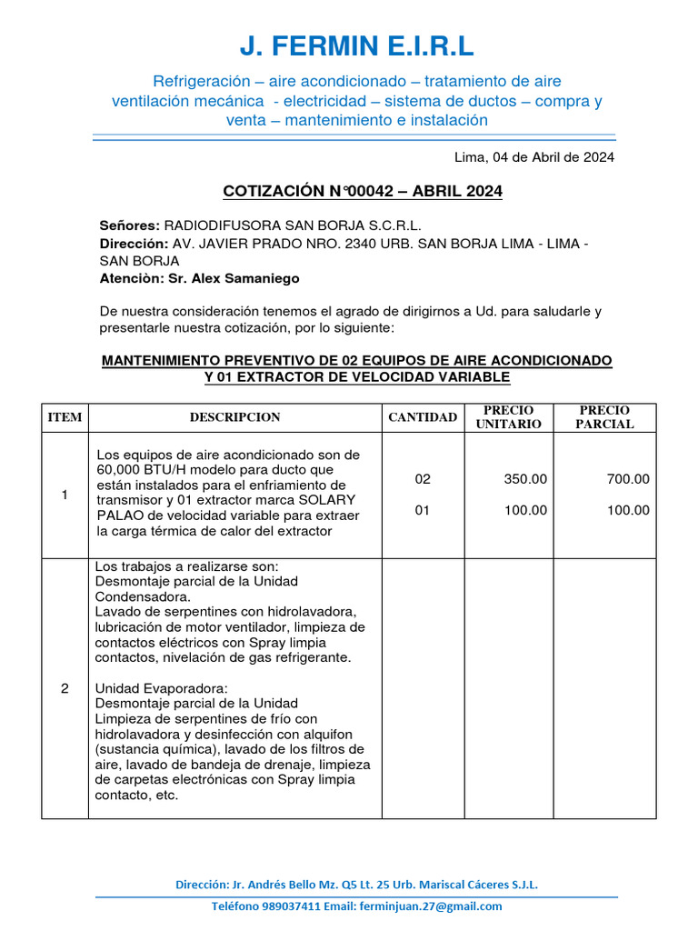 Cotización Mantenimiento Aire Acondicionado | PDF | Aire acondicionado ...