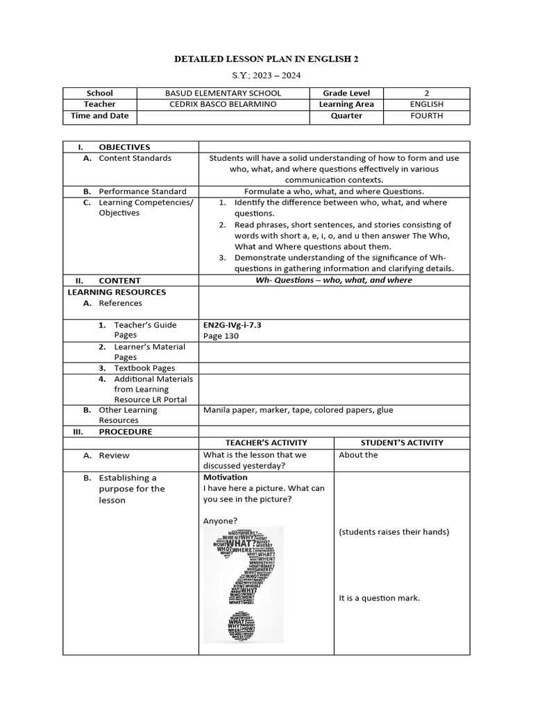 DETAILED LESSON PLAN IN ENGLISH 2 March 25 | PDF | Question | Lesson Plan