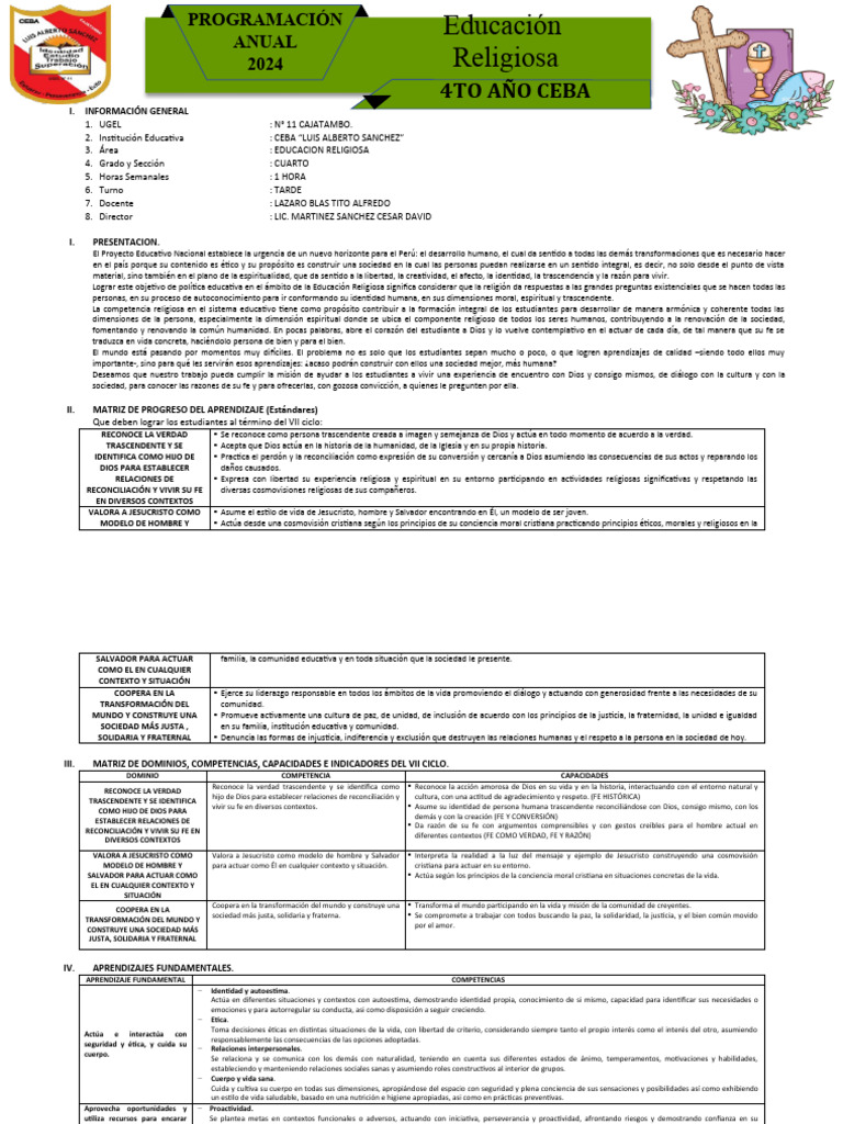 Programacion Anual 2024 Cuarto Grado | PDF | Fe | Toma de decisiones