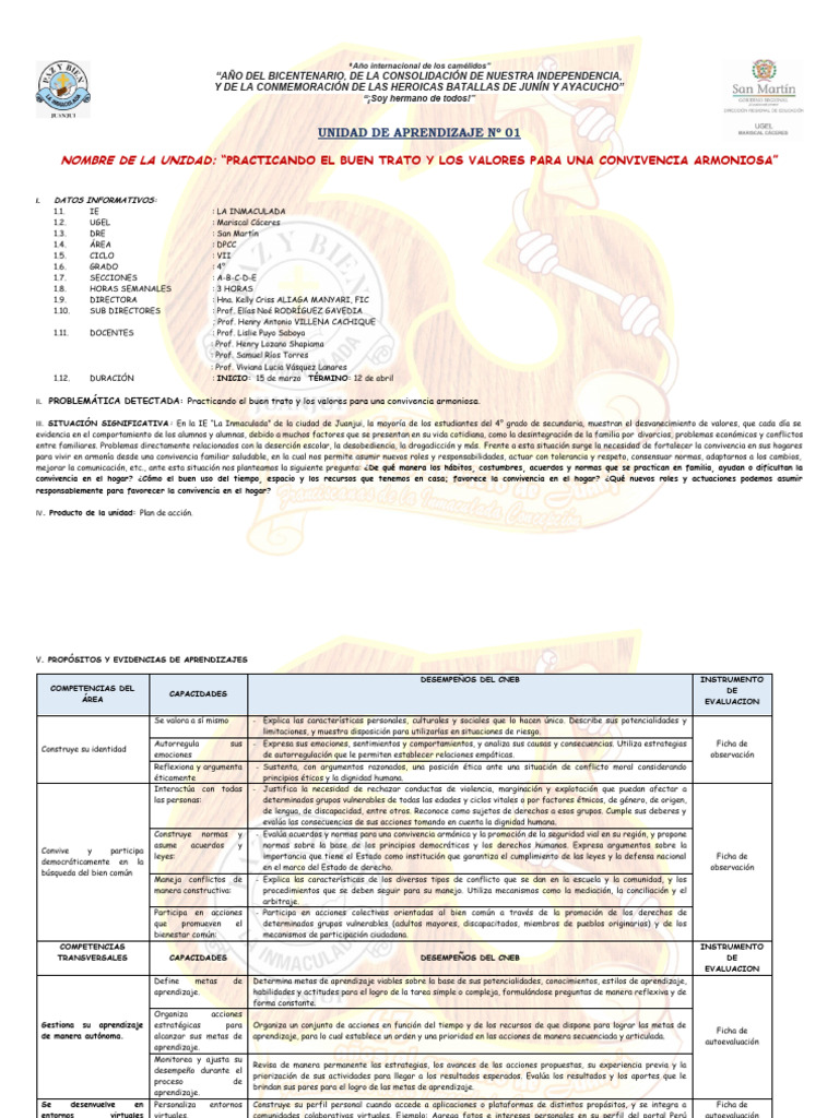 Dpcc 4° Unidad De Aprendizaje 01 Lislie Pdf Aprendizaje Evaluación 5358