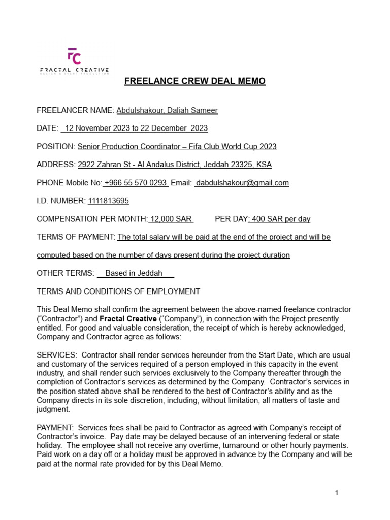 Signed Contract - Dalia - Freelance Crew Deal Memo | PDF | Employment | Indemnity