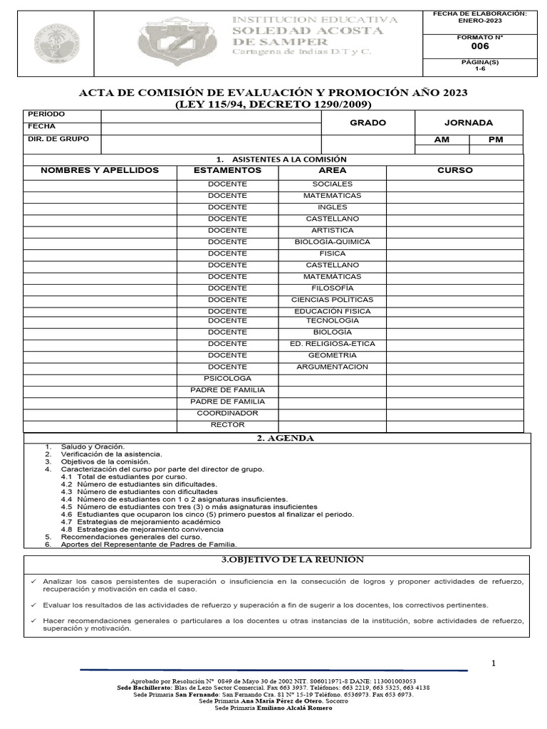 Formato 006 Comisión de Evaluacion y Promocion Blanco y Negro | PDF | Maestros