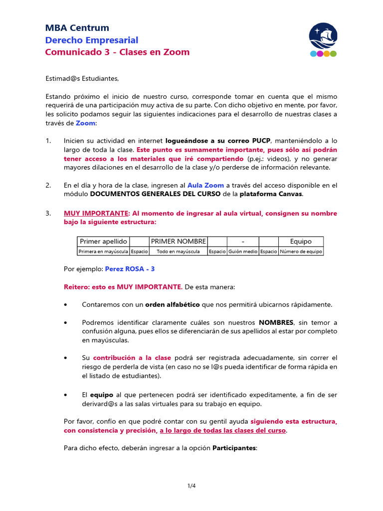 Clases Zoom MBA Centrum: Instrucciones Importantes | PDF | Chat en linea