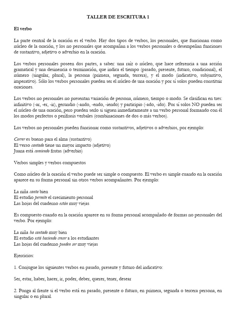 Taller: Verbos y Oraciones Simples | PDF | Verbo | Oración (Lingüística)