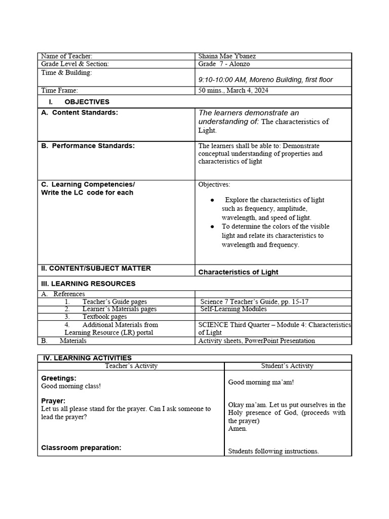 Characteristics of Light Lesson Plan | PDF | Color | Light