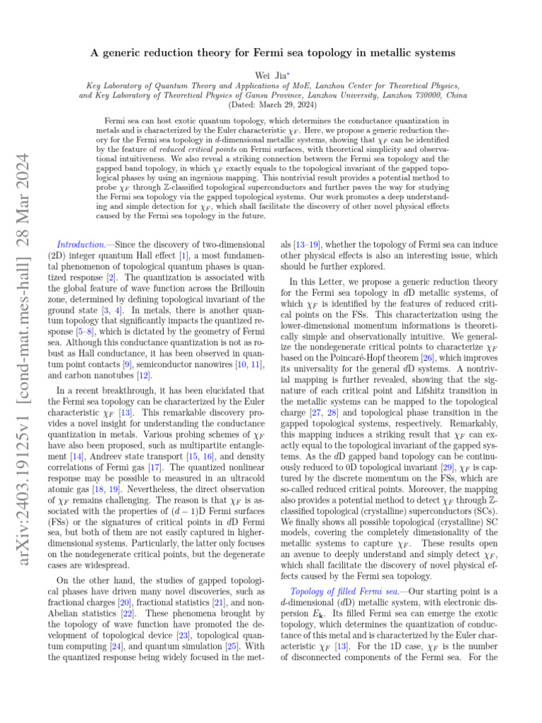 A Generic Reduction Theory For Fermi Sea Topology in Metallic Systems ...