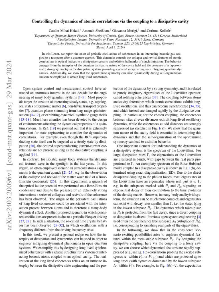 Controlling The Dynamics of Atomic Correlations Via The Coupling To A Dissipative Cavity | PDF ...