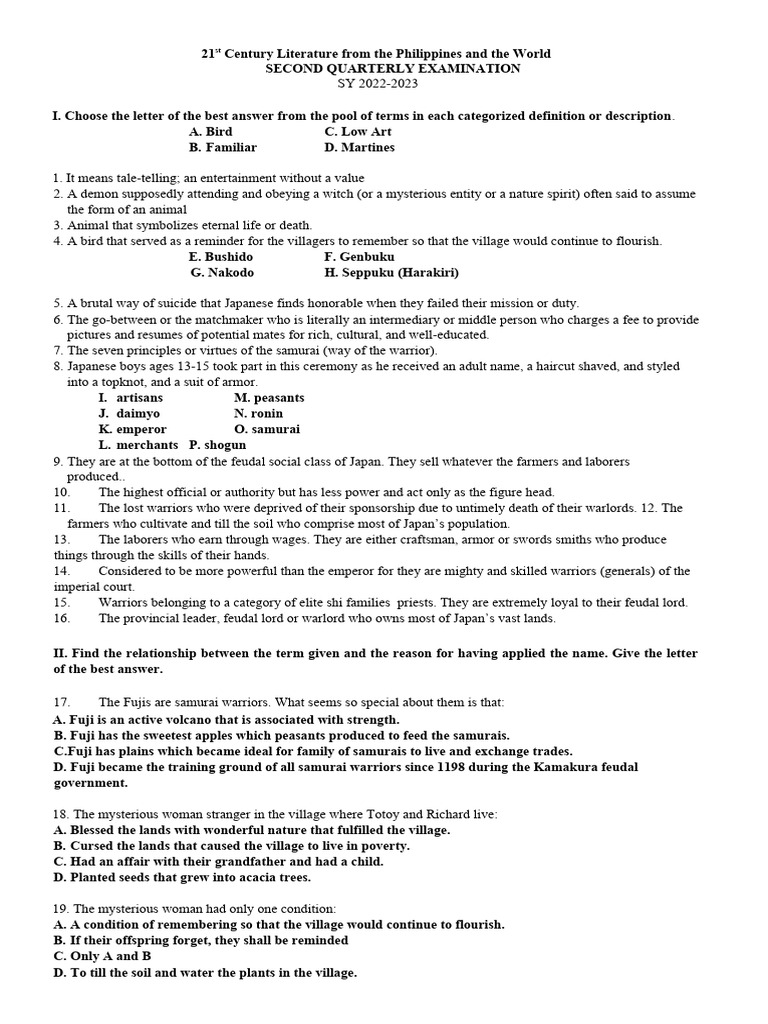 21st Century Lit 2nd Quarter Exam | PDF | Samurai | Penelope 21st Century Lit 2nd Quarter Exam | PDF | Samurai | Penelope