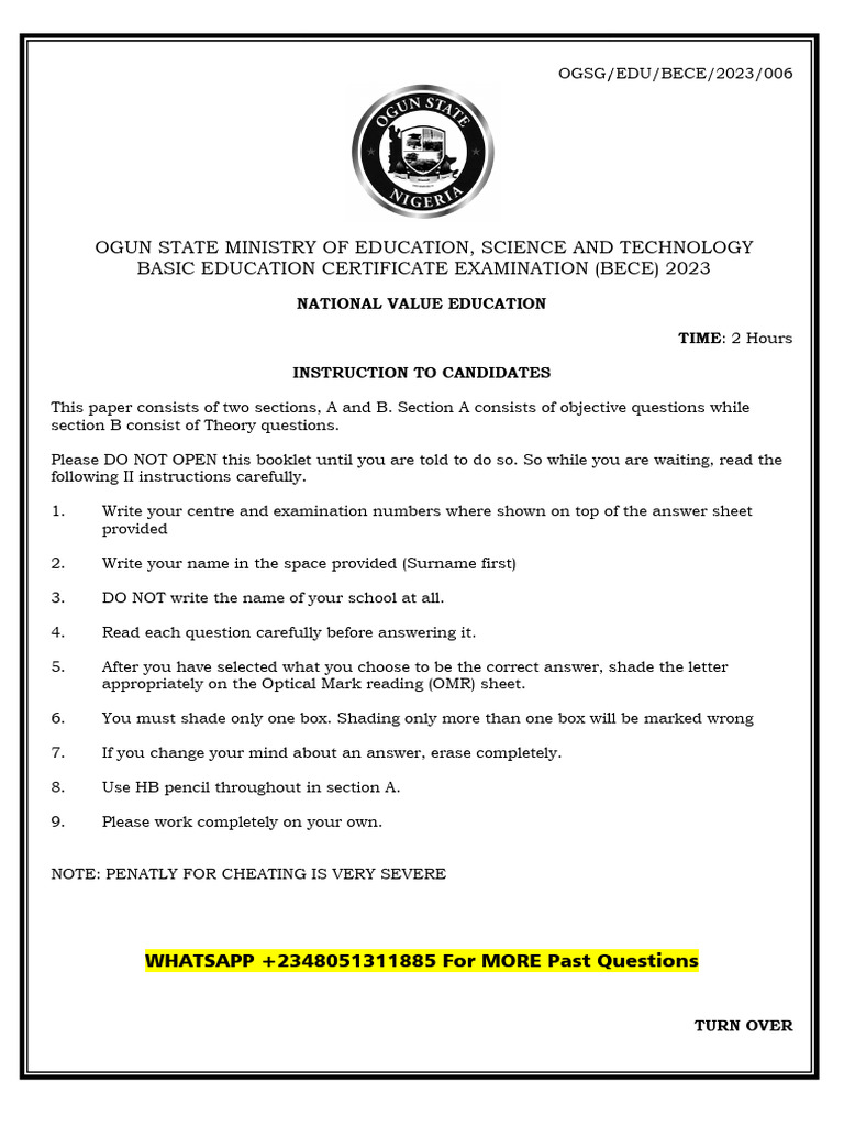Ogun State BECE Past Questions and Answer For Mock and Final Exam | PDF ...