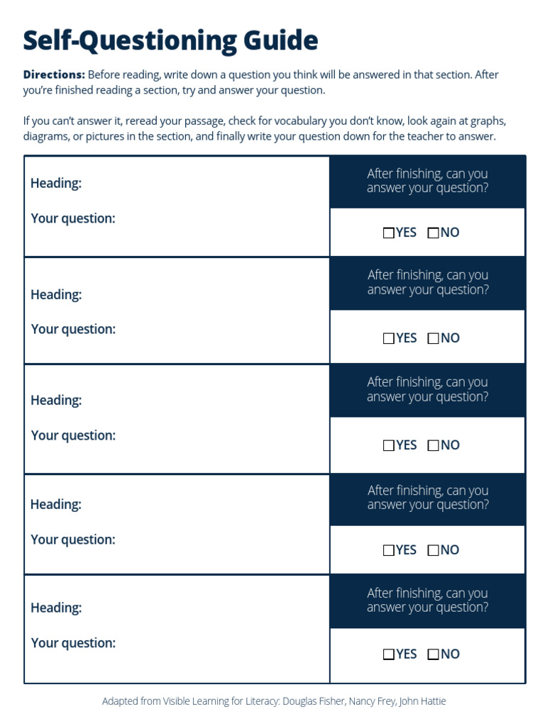 Self-Questioning Reading Guide | PDF | Behavior Modification | Written ...