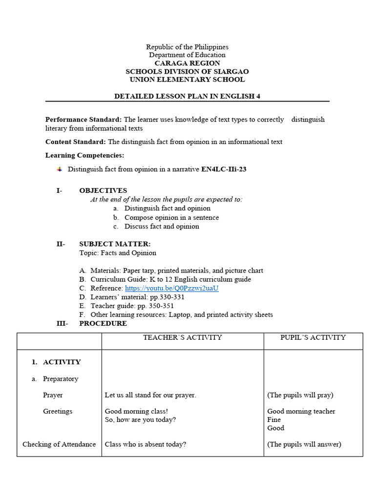 English Lesson Plan Grade 4 | PDF | Curriculum | Learning