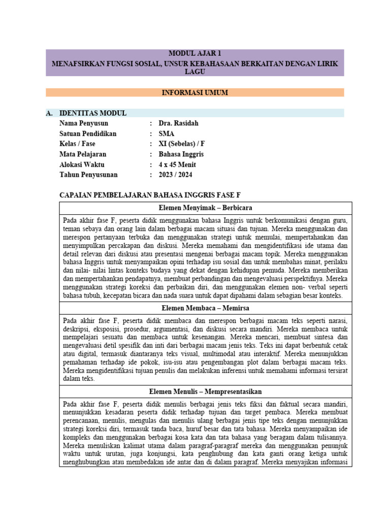 Modul Ajar 1 2024 | PDF | Seni & Disiplin Bahasa