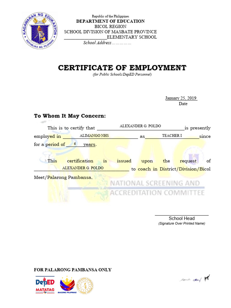 Certificate Of Employment V2024 Pdf