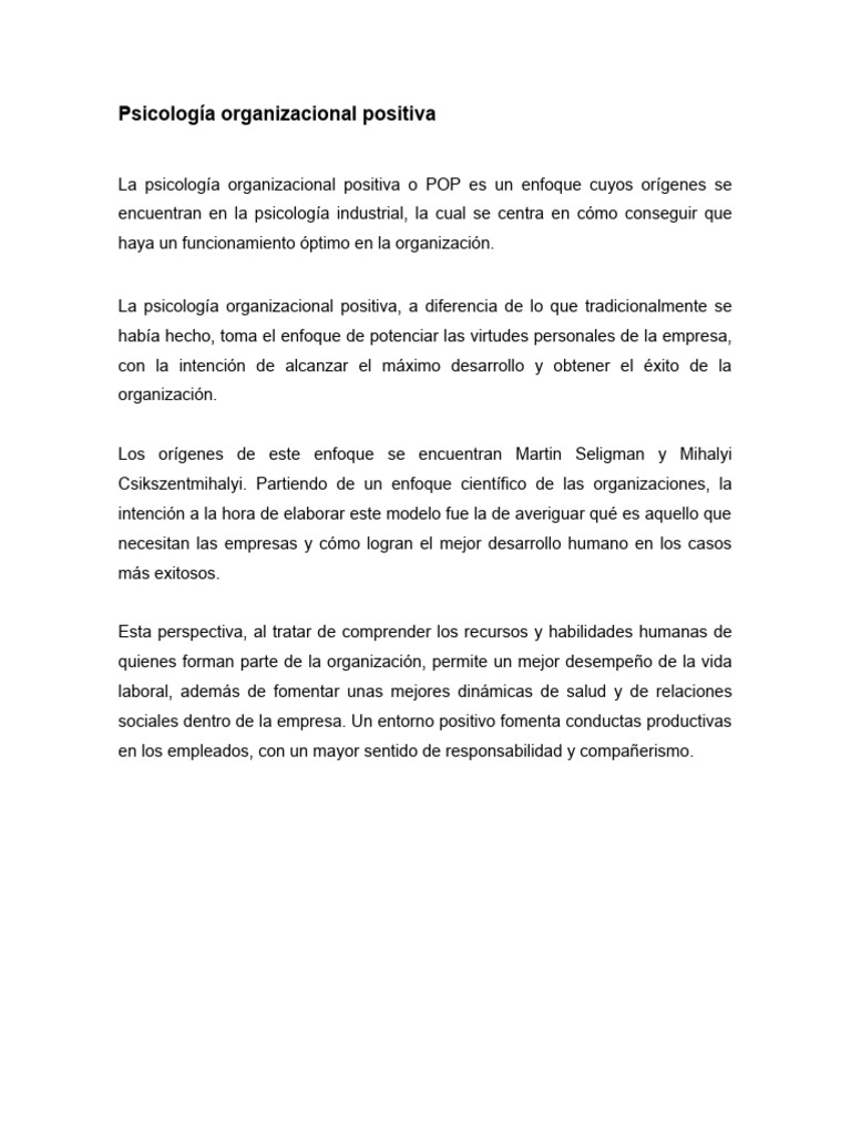 Psicología Organizacional Positiva - POP | PDF | Psicología industrial y organizacional | Business