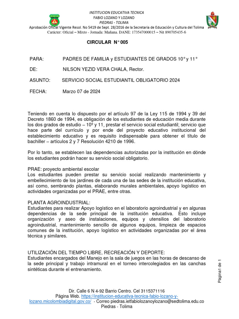 CIRCULAR N°5 Servicio Social Obligatorio | PDF