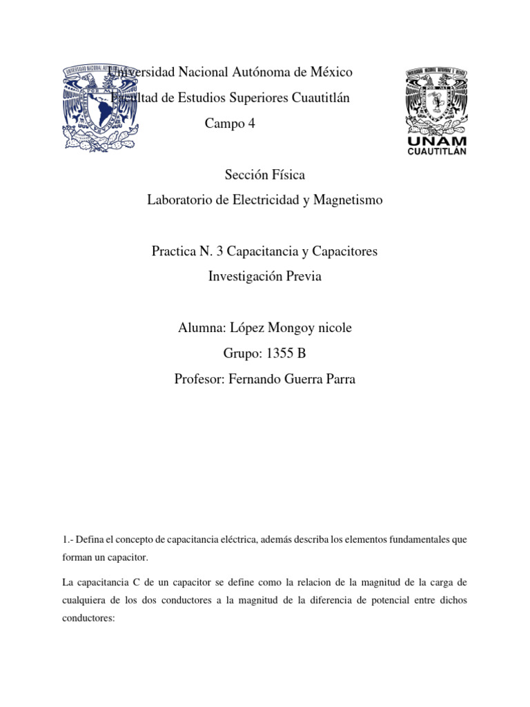 Previo 3 Nicole Lopez Mongoy | PDF | Condensador | Capacidad