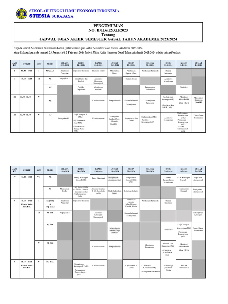A JADWAL UAS GASAL 2023-2024 PRODI S1 | PDF