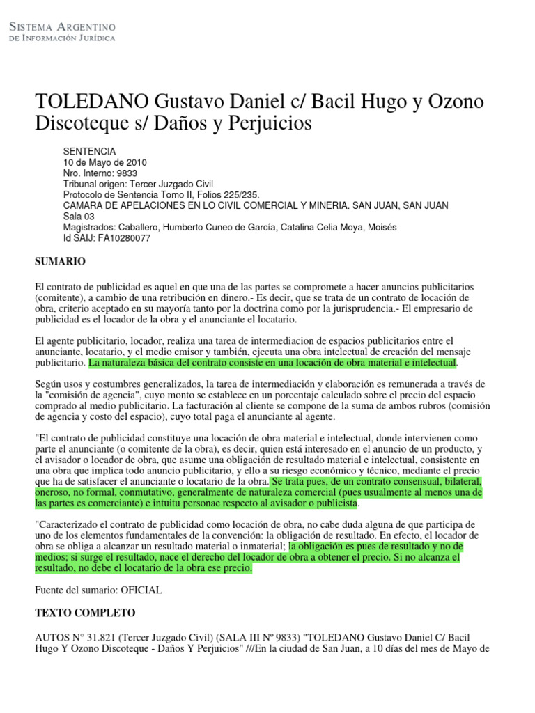 TOLEDANO Gustavo Daniel C - Bacil Hugo y Ozono Discoteque S - Daños y ...