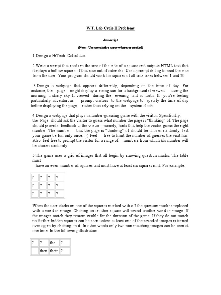 W.T. Lab Cycle II Problems: Javascript (Note: Use Associative Array ...
